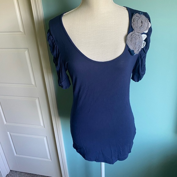 Poof! | Tops | Navy Blue Blouse With Flowers On The Left Side | Poshmark